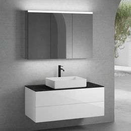 neoro n50 Unterschrank B: 120 cm mit 2 Ausz&uuml;gen, Waschtisch B: 58 cm wei&szlig; matt, mit Spiegelschrank,, BN0065WM+BN0424WH+BN0404C2+BN0475MI,