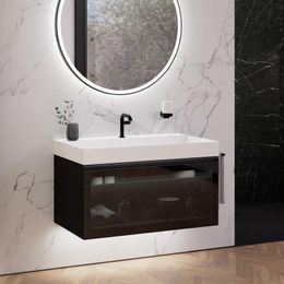 neoro n80 fumo Unterschrank B: 100 cm mit 1 Auszug, mit Parsolglasfront, Waschtisch cube, BN0144WM+BN0433SG,