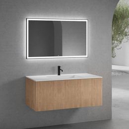 neoro n50 line Unterschrank B: 120 cm mit 1 Auszug, mit profilierter Eichenfront, Waschtisch mit 1 Hahnloch wei&szlig; matt, mit Spiegel,