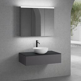 neoro n50 Unterschrank B: 100 cm mit 1 Auszug, Waschtisch &Oslash; 45 cm wei&szlig; matt, mit Spiegelschrank,, BN0106WM+BN0413GR+BN0403BM+BN0474MI,