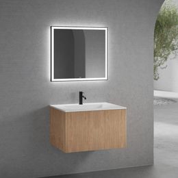 neoro n50 line Unterschrank B: 80 cm mit 1 Auszug, mit profilierter Eichenfront, Waschtisch mit 1 Hahnloch wei&szlig; matt, mit Spiegel,