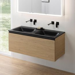 rivea Dia Unterschrank B: 121 cm mit 1 Auszug, Doppelwaschtisch ohne Hahnloch schwarz matt,, BR0039SO+BR0057BM,