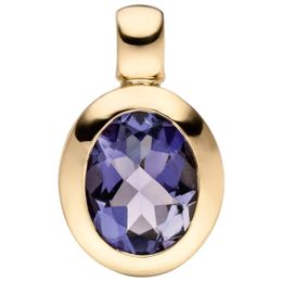 Jobo Damen Kettenanh&auml;nger "Anh&auml;nger oval 17 mm", Gelbgold 585blau, rot, Gelbgold 585, Schmuckanh&auml;nger, 14 Karat 585 Gold mit Iolith