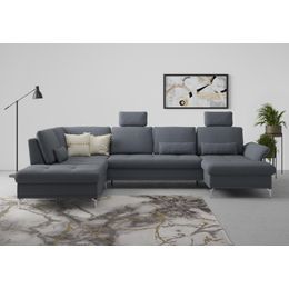 Wohnlandschaft Home Affaire, B:347cm H:89cm T:224cm, blau, 100%Polyester, Sofas, "Palm Beach U-Form", Federkern, mit Sitztiefenverstellung, wahlweise