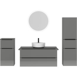 Badm&ouml;bel-Set Nobilia, B:230cm H:187,2cm T:48,5cm, grau, Kastenm&ouml;bel-Sets, "Alvene", Hochglanz, inkl. Spiegel mit Touch-Sensor, in vier Breiten