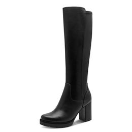 Marco Tozzi Damen Stiefel, Gr. 36schwarz, Lederimitat, unifarben, Schuhe, Blockabsatz, Langschaftstiefel in veganer Verarbeitung