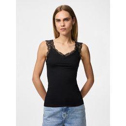 Pieces Damen Spitzentop "PCBARBERA", schwarz, Gr. XL, unifarben, Jersey, Obermaterial: 95% Viskose, 5% Elasthan, Tops, Viskosemischung, Spitzen