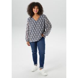 ANISTON PLUS Damen Schlupfbluse, blau, Gr. 50, gemustert, Web, Obermaterial: 100% Polyester. Futter: 95% Viskose, 5% Elasthan, Blusen, mit grafischen