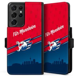 DeinDesign Galaxy S21 Ultra 5G Handy Klapph&uuml;lle Handyh&uuml;lle aus Kunst Leder schwarz Flip Case Sports Adler Mannheim Logo Sideflip mit Lasche