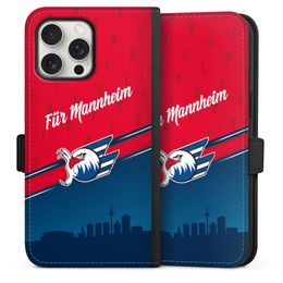 DeinDesign iPhone 15 Pro Max Handy Klapph&uuml;lle Handyh&uuml;lle aus Kunst Leder schwarz Flip Case Sports Adler Mannheim Logo Sideflip mit Lasche