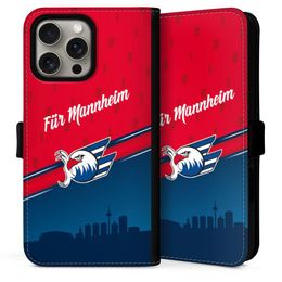 DeinDesign iPhone 16 Pro Handy Klapph&uuml;lle Handyh&uuml;lle aus Kunst Leder schwarz Flip Case Sports Adler Mannheim Logo Sideflip mit Lasche