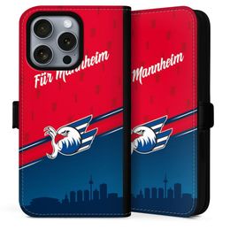 DeinDesign iPhone 16 Pro Max Handy Klapph&uuml;lle Handyh&uuml;lle aus Kunst Leder schwarz Flip Case Sports Adler Mannheim Logo Sideflip mit Lasche