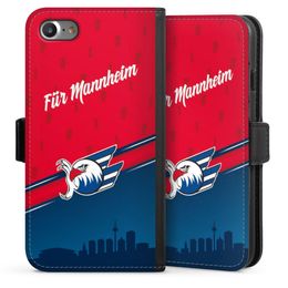 DeinDesign iPhone SE (2022) Handy Klapph&uuml;lle Handyh&uuml;lle aus Kunst Leder schwarz Flip Case Sports Logo Adler Mannheim Sideflip mit Lasche
