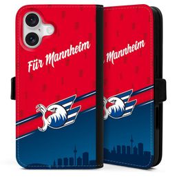 DeinDesign iPhone 16 Plus Handy Klapph&uuml;lle Handyh&uuml;lle aus Kunst Leder schwarz Flip Case Sports Adler Mannheim Logo Sideflip mit Lasche