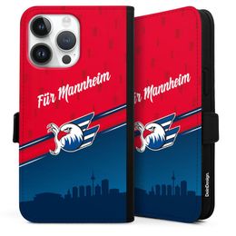 DeinDesign iPhone 14 Pro Max Handy Klapph&uuml;lle Handyh&uuml;lle aus Kunst Leder schwarz Flip Case Sports Adler Mannheim Logo Sideflip mit Lasche
