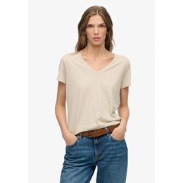 Superdry Damen T-Shirt "STUDIOS SLUB EMB VEE TEE"feather grau, Gr. L, unifarben, Single Jersey, Obermaterial: 60% Baumwolle, 40% Lyocell, Shirts,