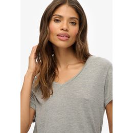 Superdry Damen T-Shirt "STUDIOS SLUB EMB VEE TEE", silber, Gr. XS, unifarben, Single Jersey, Obermaterial: 95% Viskose, 4% Polyacryl, 1%