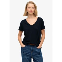Superdry Damen T-Shirt "STUDIOS SLUB EMB VEE TEE", blau, Gr. M, unifarben, Single Jersey, Obermaterial: 60% Baumwolle, 40% Lyocell, Shirts,