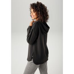 Aniston CASUAL Damen Sweatshirtschwarz, Gr. 48, unifarben, Jersey, Obermaterial: 59% Modal, 35% Polyester, 6% Elasthan, Sweatshirts, mit Bindeband an