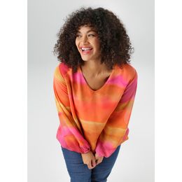 Schlupfbluse ANISTON PLUS, Damen, Gr. 52, pink, orange, gelb, Web, Obermaterial: 100% Polyester. Futter: 95% Viskose, 5% Elasthan, bedruckt, figurumspielend Po-bedeckend, V-Ausschnitt, mit Gummizug, Blusen Schlupfbluse, tiefer V-Ausschnitt
