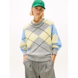 Strickpullover Tommy Hilfiger "ALPACA BLEND ARGYLE C-NK LS SWT", Damen, Gr. S, light grau htr, gelb, blau argyle, Strick, Obermaterial: 50% Alpaka, 50% Nylon, meliert, regular fit, Rundhals, Rippb&uuml;ndchen, Pullover Strickpullover