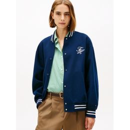 Tommy Hilfiger Damen Bomberjacke "DF WOOL VARSITY BOMBER", blau, Gr. 44, unifarben mit Farbeinsatz, Web, Obermaterial: 60% Wolle, 40% Polyester,