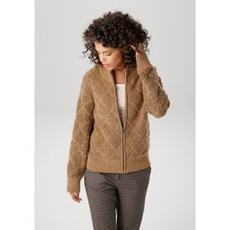 Aniston CASUAL Damen Strickjacke, beige, Gr. 42, Rautenmuster, meliert, Strick, Obermaterial: 67% Polyacryl, 30% Polyamid, 3% Elasthan, Strickjacken,