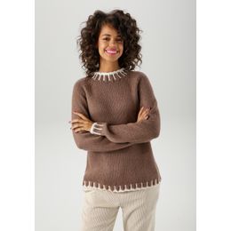 Aniston CASUAL Damen Strickpullover, braun, Gr. 36, unifarben mit Farbeinsatz, Grobstrick, Obermaterial: 100% Polyacryl, Pullover, mit gemusterten