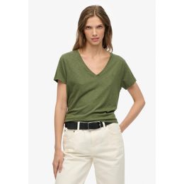 Superdry Damen T-Shirt "STUDIOS SLUB EMB VEE TEE"four leaf clover, Gr. L, unifarben, Single Jersey, Obermaterial: 60% Baumwolle, 40% Lyocell, Shirts,
