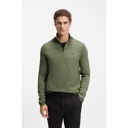 Strickpullover BOSS Green, Herren, Gr. L, schwarz beige257, Strick, Obermaterial: 100% Baumwolle, unifarben, regular fit normal, hoch geschlossener Ausschnitt, B&uuml;ndchen, Pullover Strickpullover, Stehkragen mit Rei&szlig;verschluss, Regular fit, Logo-Print