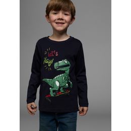 Kidsworld Jungen Langarmshirt "LET ́S PLAY", blau, Gr. 104, bedruckt, Jersey, Obermaterial: 100% Baumwolle, Shirts, Langarm, Basic-Stil, aus Baumwolle