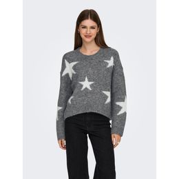 Only Damen Strickpullover "ONLAZU LS STAR O-NECK KNT"dunkelgrau melange detail:cloud dancer, Gr. XL, gemustert, Strick, Obermaterial: 49% Polyester,