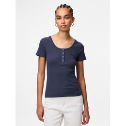 Pieces Damen Kurzarmshirt "PCKITTE SS TOP NOOS BC", blau, Gr. L, unifarben, Rippware, Obermaterial: 95% Baumwolle, 5% Elasthan, Shirts,