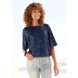 Paillettenshirt Lascana, Damen, Gr. 32/34, dunkelblau, Stoff, Obermaterial: 95% Polyester, 5% Elasthan. Futter: 100% Polyester, gl&auml;nzend, festlich, figurumspielend h&uuml;ftlang, Rundhals, Shirts, mit weiten &Auml;rmeln, festliches Glitzershirt, Partyshirt, Topseller