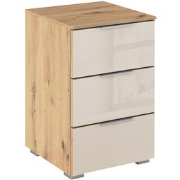Nachtkommode OTTO HOME "Nachttisch Nachtschrank Nachtkonsole AGORDO mit Glasfront", beige (eiche artisan, glas beige (champagner)), B:40cm H:61cm T:42cm, Holzwerkstoff, Sideboards, mit 3 ger&auml;umigen Schubladen f&uuml;r viel Stauraum MADE IN GERMANY