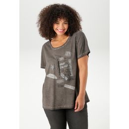 ANISTON PLUS Damen T-Shirt, grau, Gr. 50, bedruckt, unifarben, Jersey, Obermaterial: 100% Baumwolle, Shirts, mit edlem Druckmotiv