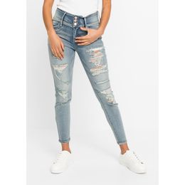 Skinny-fit-Jeans bonprix "Skinny Jeans High Waist, Stretch", Damen, Gr. 40, N-Gr, blau (hellblau denim heavy washed), Obermaterial: 76% Baumwolle, 16% Polyester, 7% Viskose, 1% Elasthan, Abriebeffekte, skinny fit, Jeans, Skinny Jeans High Waist, Stretch, Used-Look