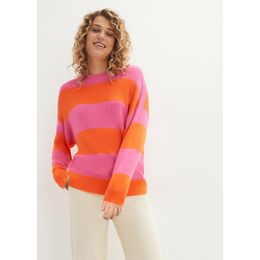 Strickpullover bonprix, Damen, Gr. 40/42 (M), rosa (pink, orange gestreift), Strick, Obermaterial: 92% Viskose, 8% Polyamid, gestreift, oversize normal, Rundhals, Rippb&uuml;ndchen, Pullover Strickpullover, mit Streifen Muster