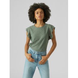 V&eacute;ro Moda Rundhalsshirt VERO MODA "VMTASSA SL FRILL TOP NOOS", Damen, Gr. XS, gr&uuml;n (laurel wreath), Jersey, Obermaterial: 95% Polyester, 5% Elasthan, unifarben, loose fit normal, Rundhals, Shirts Rundhalsshirt, Materialmix, loose fit
