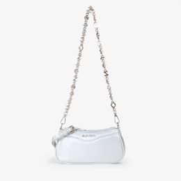 Valentino Handbags Schultertasche VALENTINO BAGS "ELLY", Damen, Gr. B/H/T: 20cm x 10cm x 3cm, argento, Lederimitat, metallic, Taschen Schultertasche, Abendtasche mit markanter Logoverzierung an der Umh&auml;ngekette
