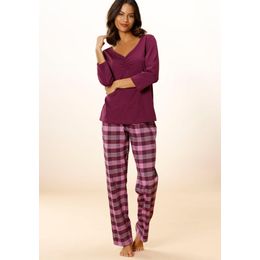 Pyjama Vivance Dreams, Damen, Gr. 52/54, rot (bordeaux), Single Jersey, Obermaterial: 100% Baumwolle, kariert, Basic, lang, V-Ausschnitt, eingesetzt, Homewear-Sets Pyjama, mit karierter Hose