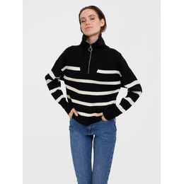 V&eacute;ro Moda Troyer VERO MODA "VMSABA STRIPE LS HIGHNECK BLOUSE GA NOOS", Damen, Gr. S, schwarz (schwarz stripes:birch), Strick, Obermaterial: 50% Viskose, 28% Polyester, 22% Nylon, gestreift, regular fit h&uuml;ftlang, hoch geschlossener Ausschnitt, Pullover Troyer