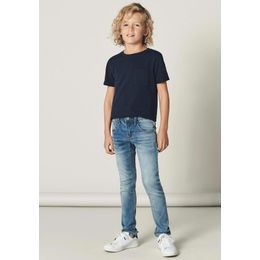 Stretch-Jeans name it "NKMTHEO DNMTHAYER COR1 SWE PANT", Jungen, Gr. 122, N-Gr, blau (light blau denim), Denim/Jeans, Obermaterial: 70% Baumwolle, 27% Polyester, 3% Elasthan, Abriebeffekte, slim fit normal, Jeans 5-Pocket-Jeans