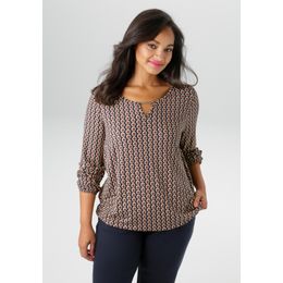 Langarmshirt ANISTON PLUS, Damen, Gr. 46, blau (marine, braun, beige), Single Jersey, Obermaterial: 95% Viskose, 5% Elasthan, bedruckt, gemustert, figurumspielend Po-bedeckend, Rundhals, elastischer Bund mit Gummizug, Shirts Langarmshirt, mit silberfarbenem Schmuckst&auml;bchen