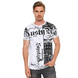 T-Shirt Rusty Neal, Herren, Gr. S, schwarz-wei&szlig; (wei&szlig;), 100% Baumwolle, bedruckt, normal, Rundhals, Shirts T-Shirt, mit Allover-Print im Used-Look