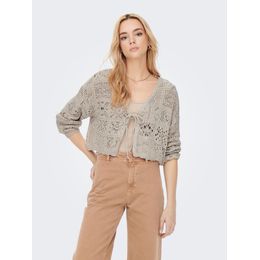 Strickjacke Only "ONLBEACH LIFE 7/8 O-N CARDIGAN KNT NOOS", Damen, Gr. L, grau (pumice stone), Strick, Obermaterial: 50% Baumwolle, 50% Polyester, unifarben, loose fit kurz, V-Ausschnitt, Strickjacken Strickjacke, mit H&auml;kel-Details