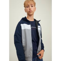 Jack & Jones Outdoorjacke JACK & JONES JUNIOR "JJERUSH wasserabweisend, mit Kapuze, mattes Finish", Jungen, Gr. 164, blau (navy blazer), Web, Obermaterial: 100% Polyester, colorblocking, normal normal, B&uuml;ndchen, Jacken Outdoorjacke, Polyester, regular fit