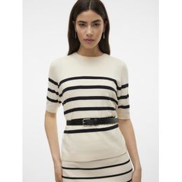 V&eacute;ro Moda Kurzarmpullover VERO MODA "VMSABA PLAIN, Feinstrickpullover", Damen, Gr. S, beige (birch stripes:w schwarz), Feinstrick, Obermaterial: 50% Viskose, 28% Polyester, 22% Nylon, gestreift, regular fit normal, Rundhals, Pullover, im Regular Fit aus pflegeleichtem Materialmix mit Viskose