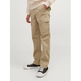 Jack & Jones Cargohose JACK & JONES JUNIOR "JPSTKANE JJHARLOW CARGO NOOS JNR", Jungen, Gr. 158, N-Gr, beige (crockery), Web, Obermaterial: 98% Baumwolle, 2% Elasthan, unifarben, loose fit kn&ouml;chellang, Hosen Cargohose