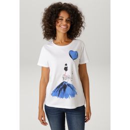 T-Shirt Aniston CASUAL, Damen, Gr. 38, wei&szlig;, royalblau, schwarz, rosa, Single Jersey, Obermaterial: 95% Baumwolle, 5% Elasthan, bedruckt, figurumspielend h&uuml;ftlang, Rundhals, Shirts T-Shirt, mit ausdrucksvollem Frontprint - NEUE KOLLEKTION